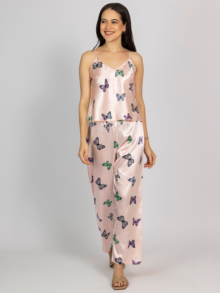 Light Pink Satin Butterfly Print Camisole & Pajama Set – Chelvet