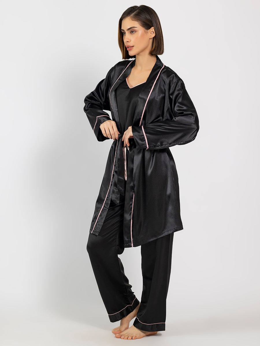 Black Collared Satin Full Sleeves Robe – Chelvet